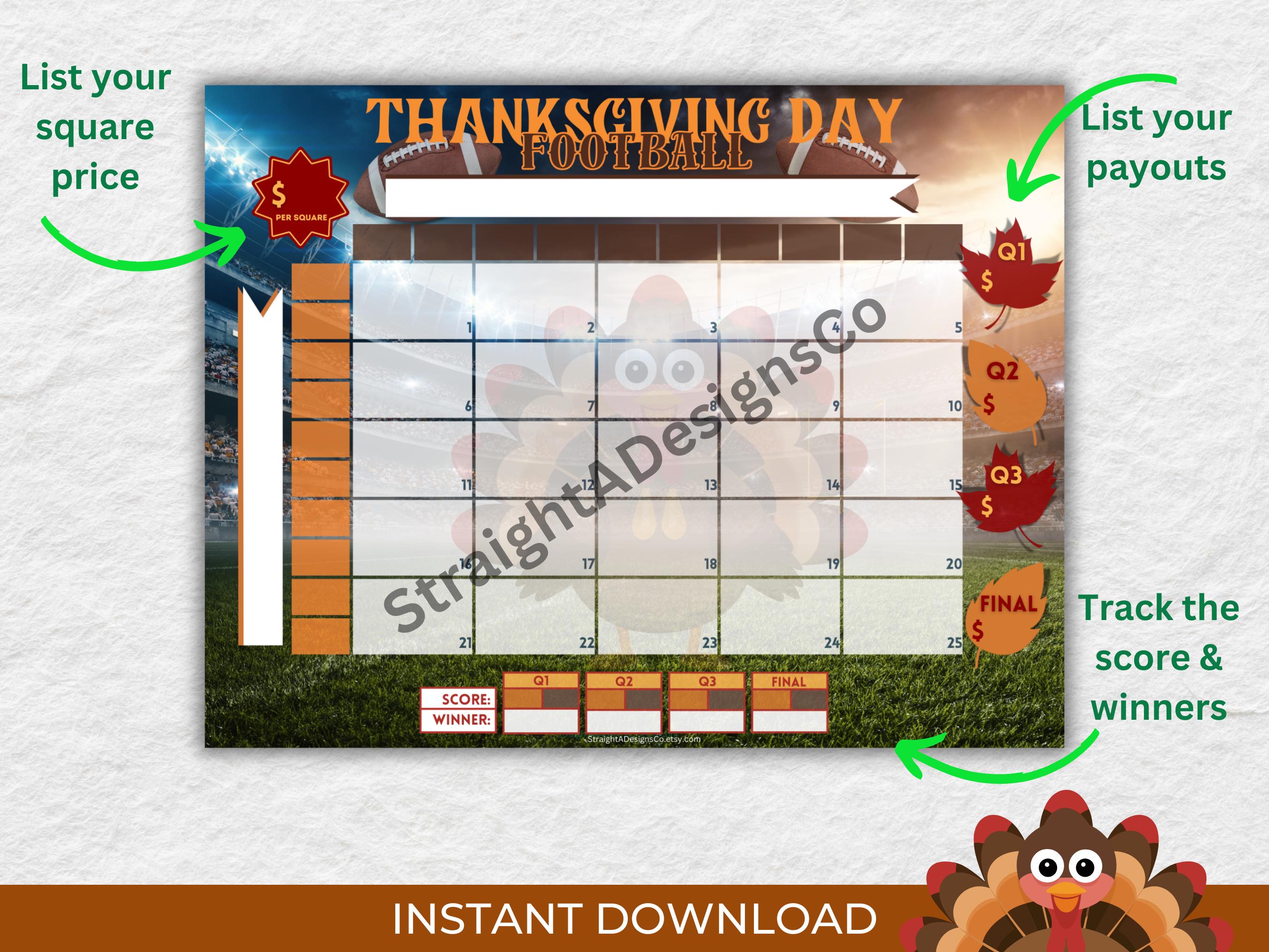Thanksgiving Day Football Square Grid Bundle Printable Football Squares ...