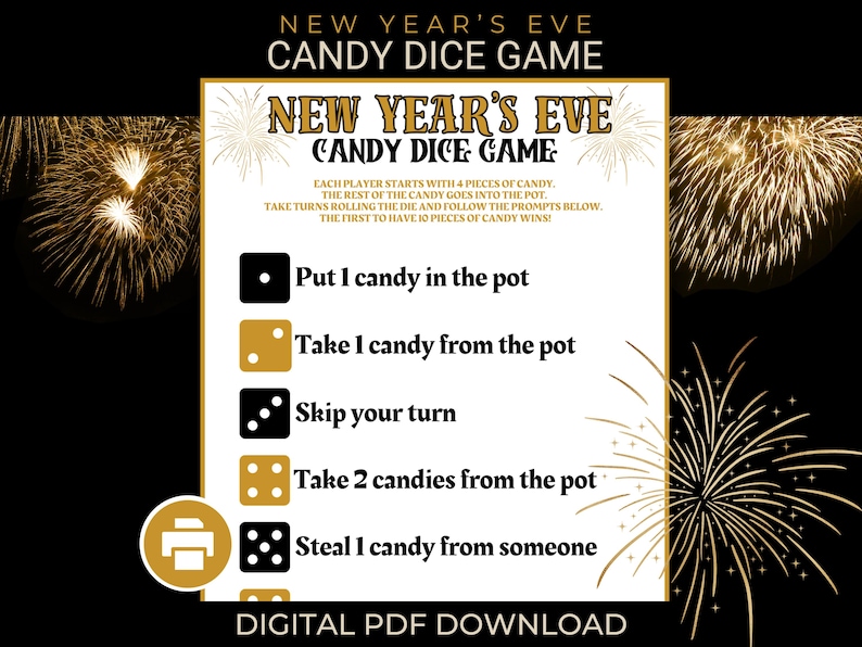 New Years Eve Candy Dice Game Printable Fun New Year's Game Family Kids ...