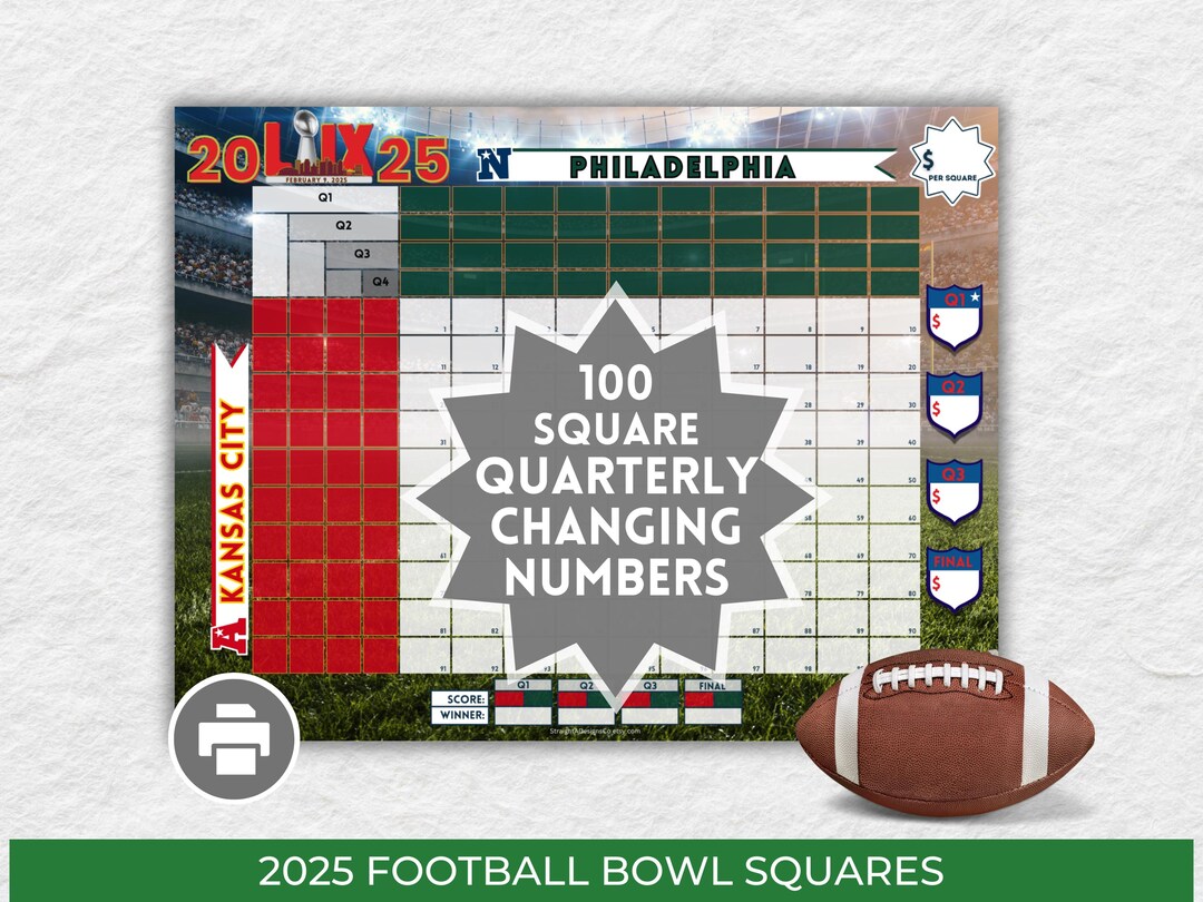 100 Super Football Bowl Squares Football Pool Instant Digital Download ...