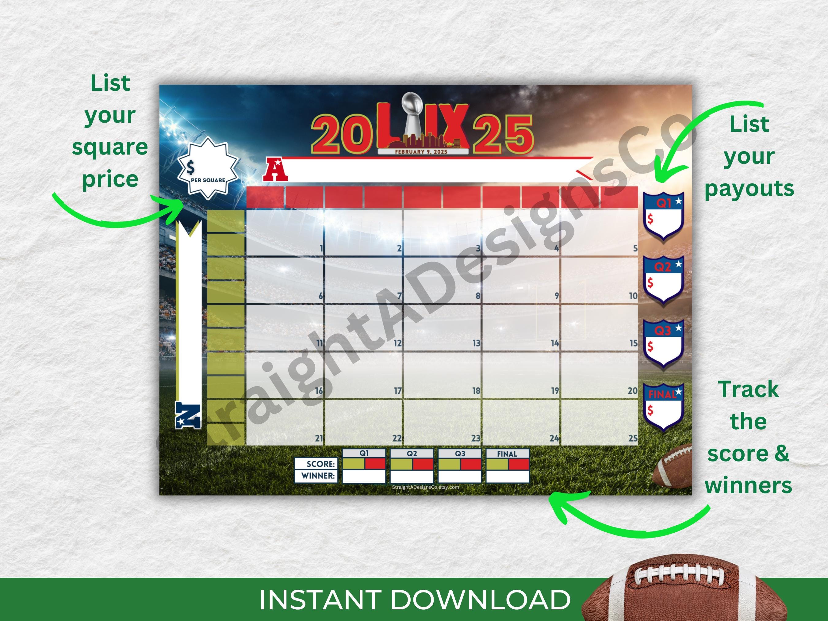 25 Super Football Bowl Squares 2025 Football Pool Printable Instant ...
