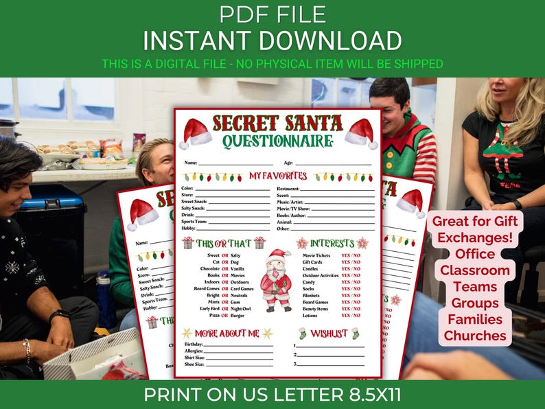 Secret Santa Questionnaire Printable Christmas Gift Exchange Survey Fun ...