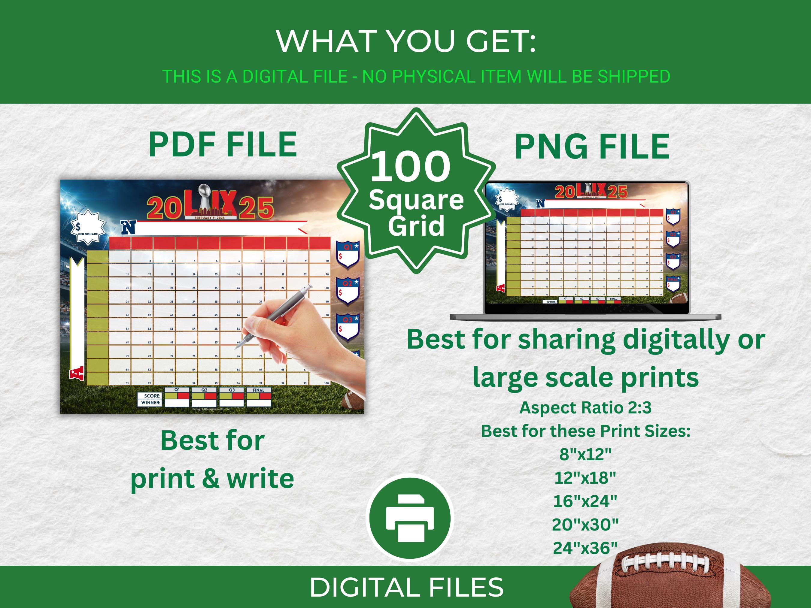 100 Super Football Bowl Squares Football Pool Grid Printable Instant ...