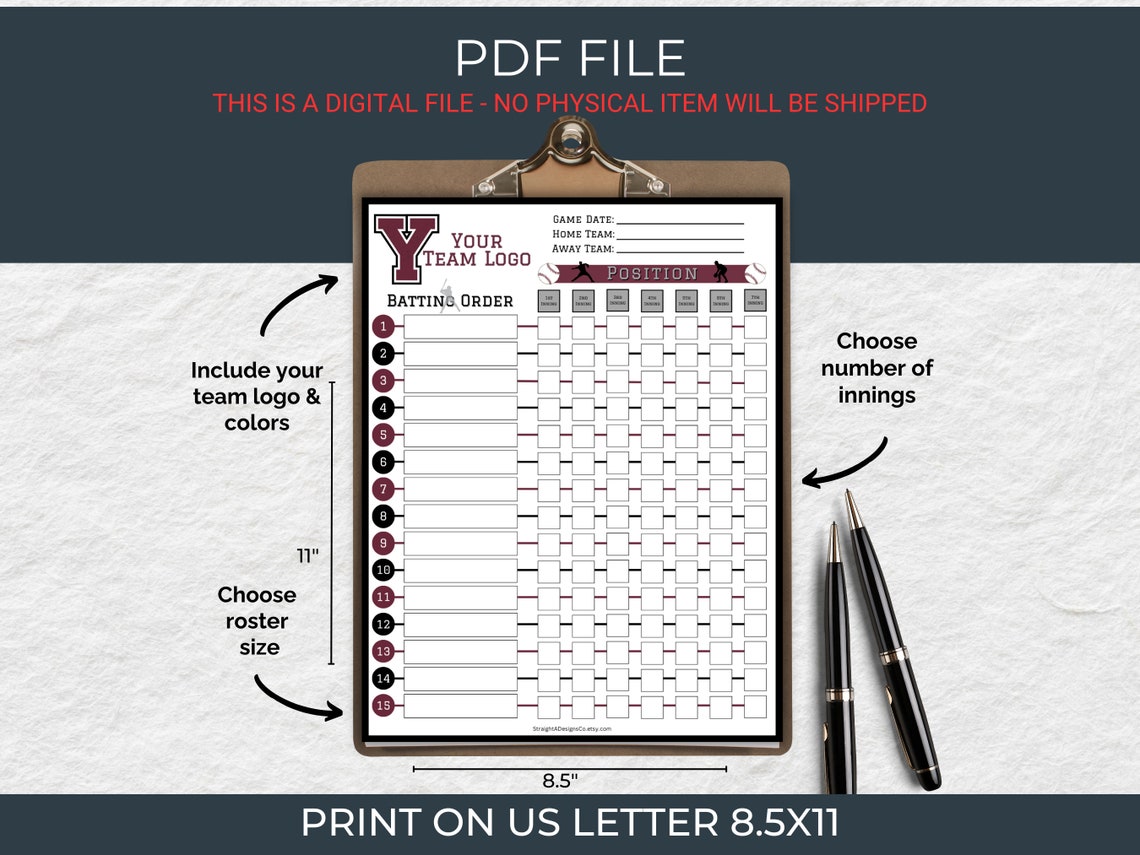 Custom Printable Baseball Softball Lineup Card Baseball Coach Roster ...