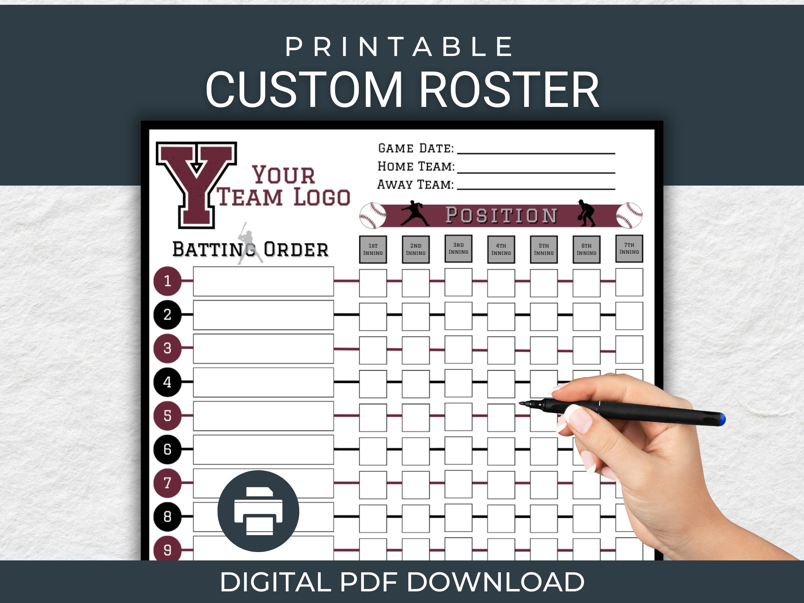 Custom Printable Baseball Softball Lineup Card Baseball Coach Roster ...