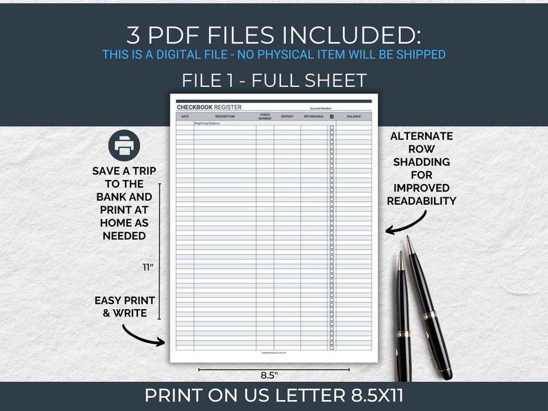 Printable Checkbook Register PDF Digital Download Prints on 8.5x11 ...
