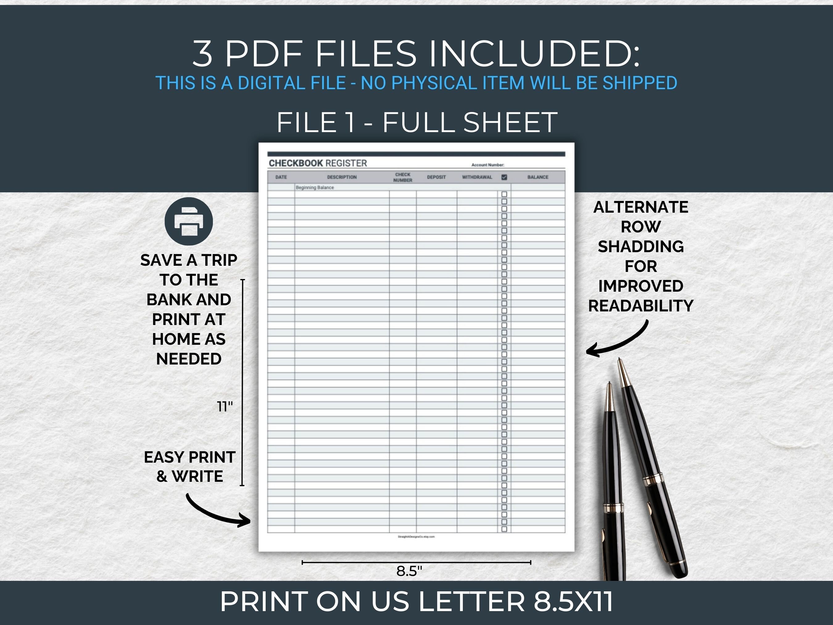 Printable Checkbook Register PDF Digital Download Prints on 8.5x11 ...