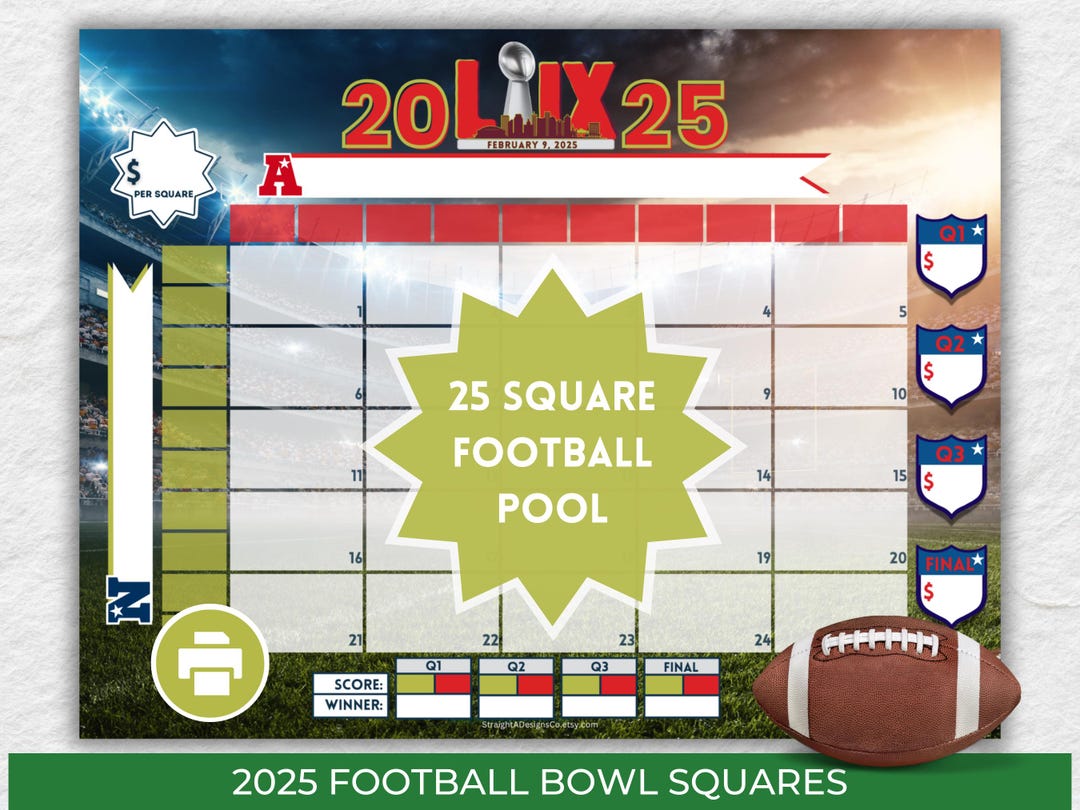 25 Super Football Bowl Squares 2025 Football Pool Printable Instant ...