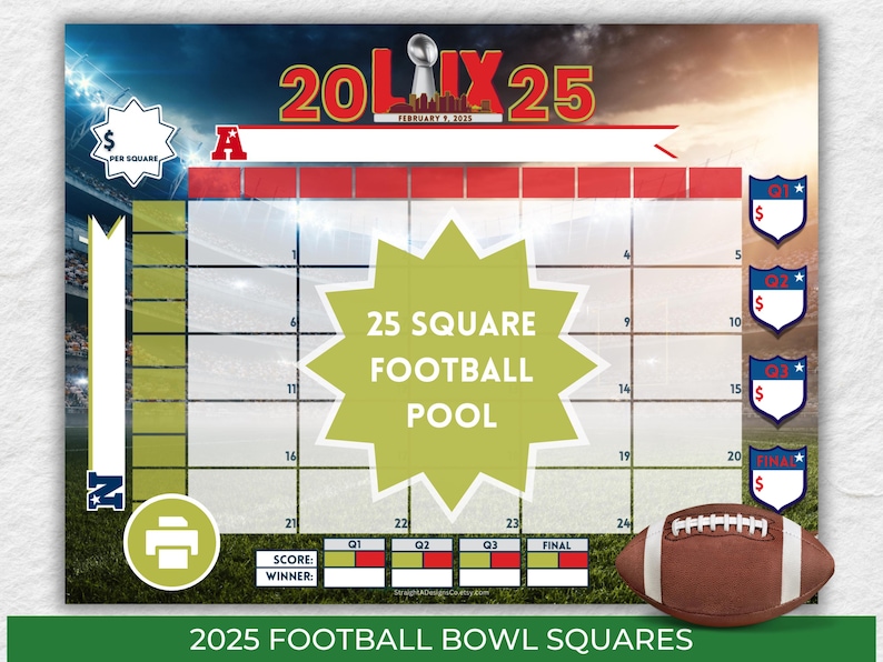 25 Super Football Bowl Squares 2025 Football Pool Printable Instant ...