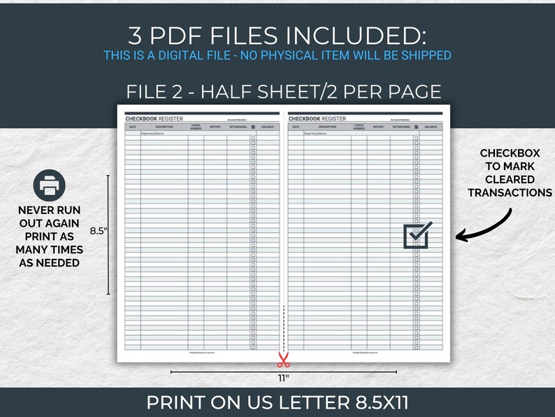 Printable Checkbook Register PDF Digital Download Prints on 8.5x11 ...