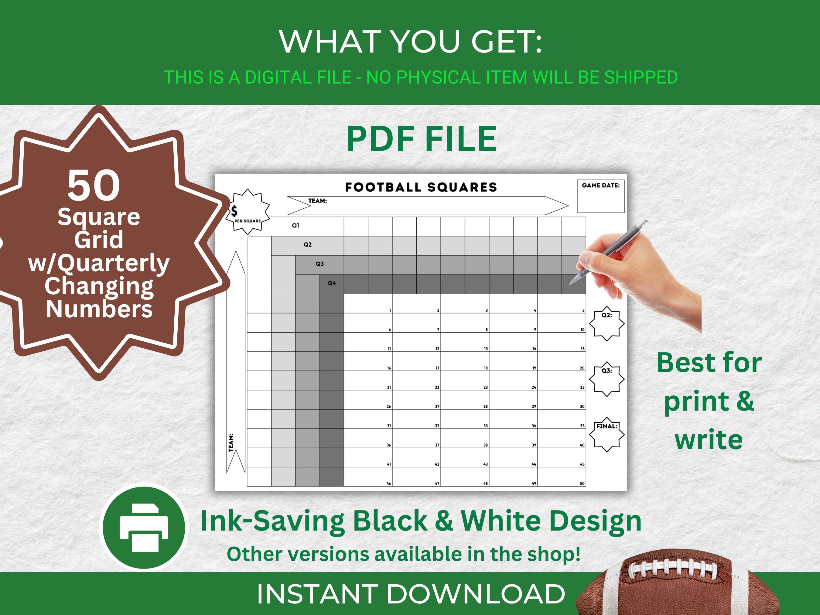 50 Football Squares Printable Grid Quarterly Changing Numbers Basic ...