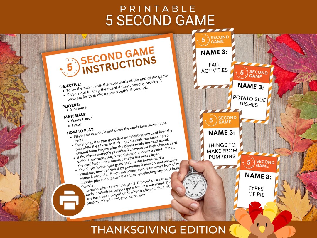 Thanksgiving 5 Second Game Printable Fun Games for Kids Teens Classroom ...