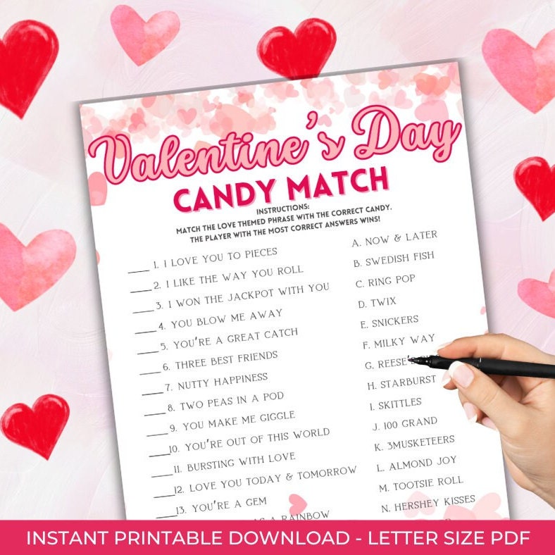 Candy Match Valentine Day Game Printable Valentine Game Valentine's Day ...
