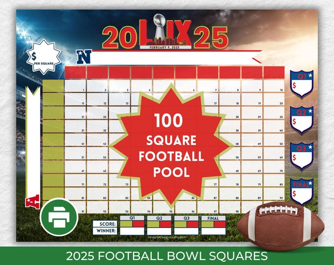Printable Football Squares Party Game for Any Football Game Including ...