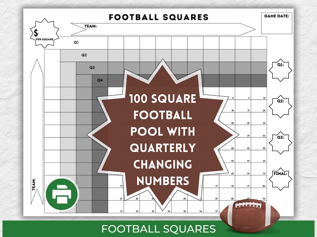 100 Football Squares Printable Grid Quarterly Changing Numbers Basic ...