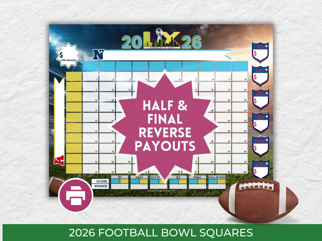 100 Super Football Bowl Squares Reverse Football Pool Grid Printable ...