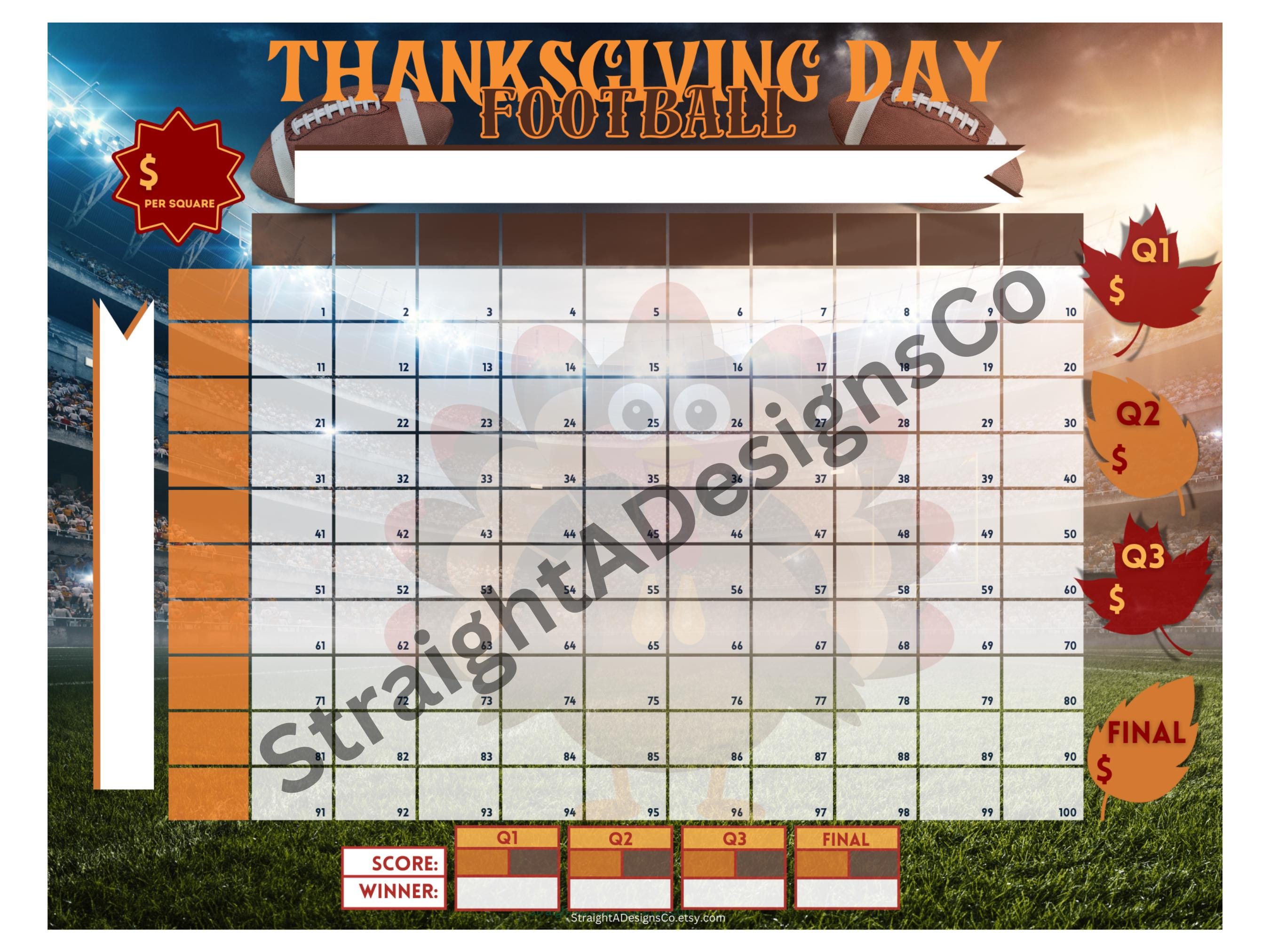 Thanksgiving Day 100 Square Football Grid Printable Football Squares ...