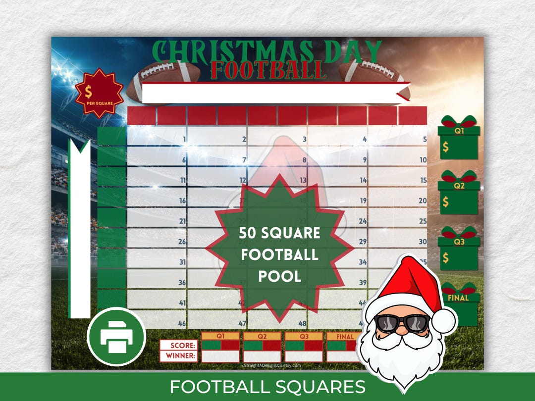Christmas Day 50 Square Football Grid Printable Football Squares ...