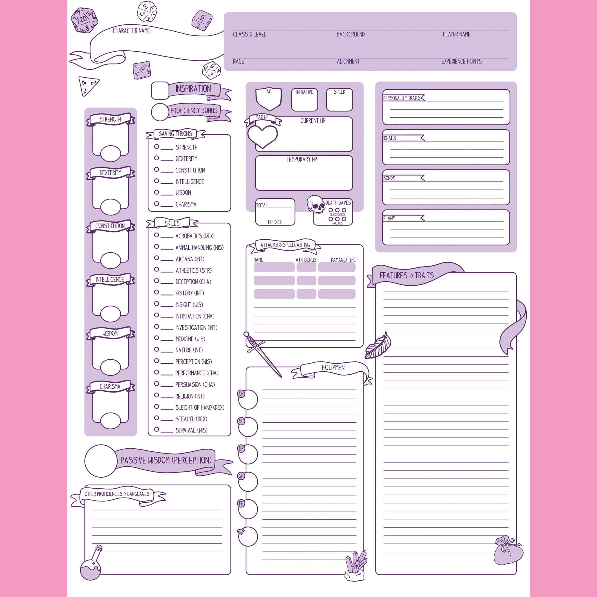 Dungeons & Dragons Character Sheet PURPLE | Etsy