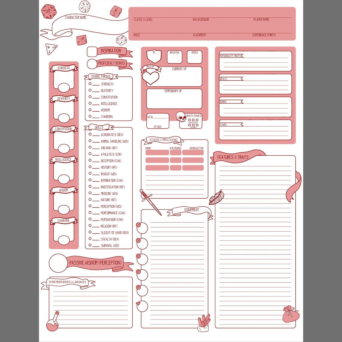Dungeons & Dragons Character Sheet RED - Etsy