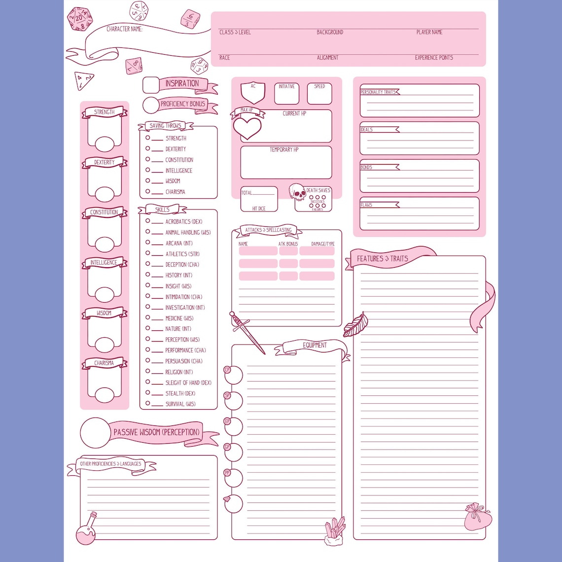 Dungeons & Dragons Character Sheet PINK - Etsy