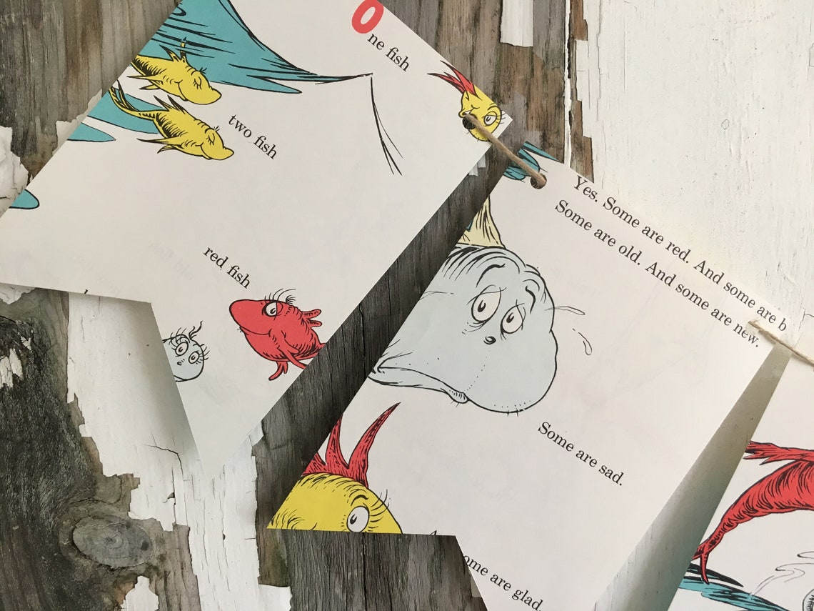 Dr. Seuss One Fish Two Fish Red Fish Blue Fish Book Page Banner Bunting ...