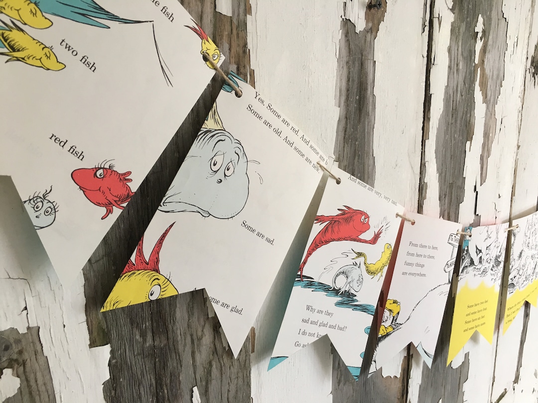 Dr. Seuss One Fish Two Fish Red Fish Blue Fish Book Page Banner Bunting ...
