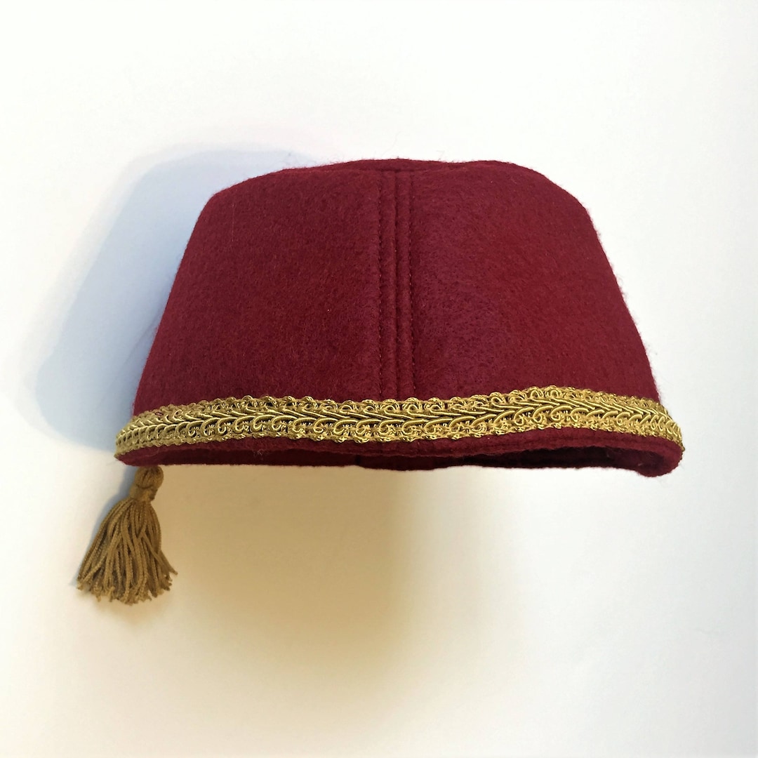 Aladdin Cranberry Red Tarboush Hat, Fez Hat With Gold Trim and Tassel ...