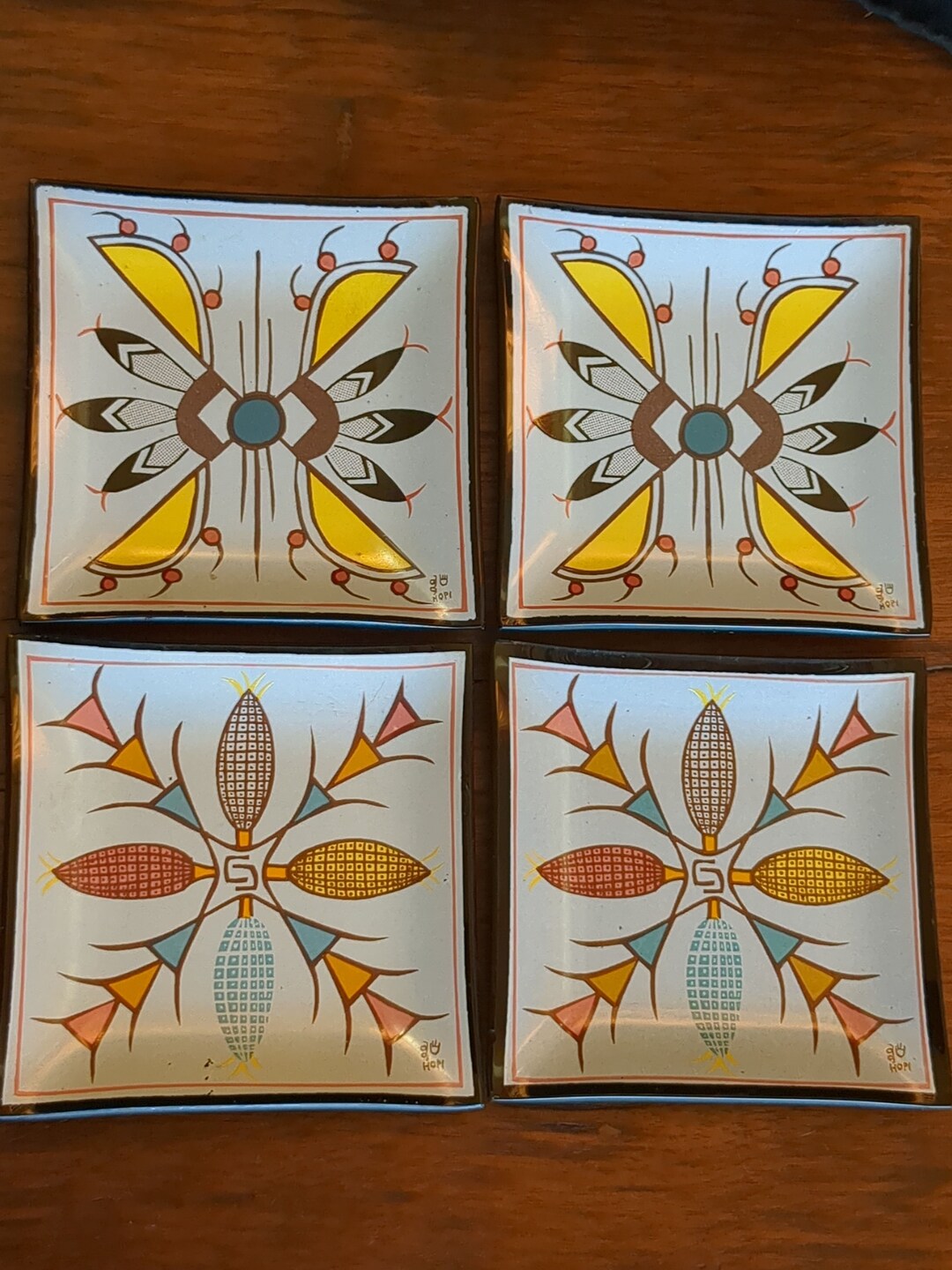 Four Vintage Hopi Glass Trinket Dishes/coasters/snowflake and Corn Hopi ...