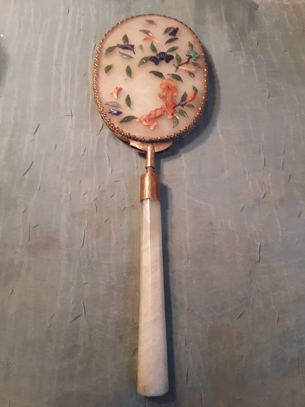Antique Chinese Vanity, Large Hand Held Beveled Mirror, With Precious ...