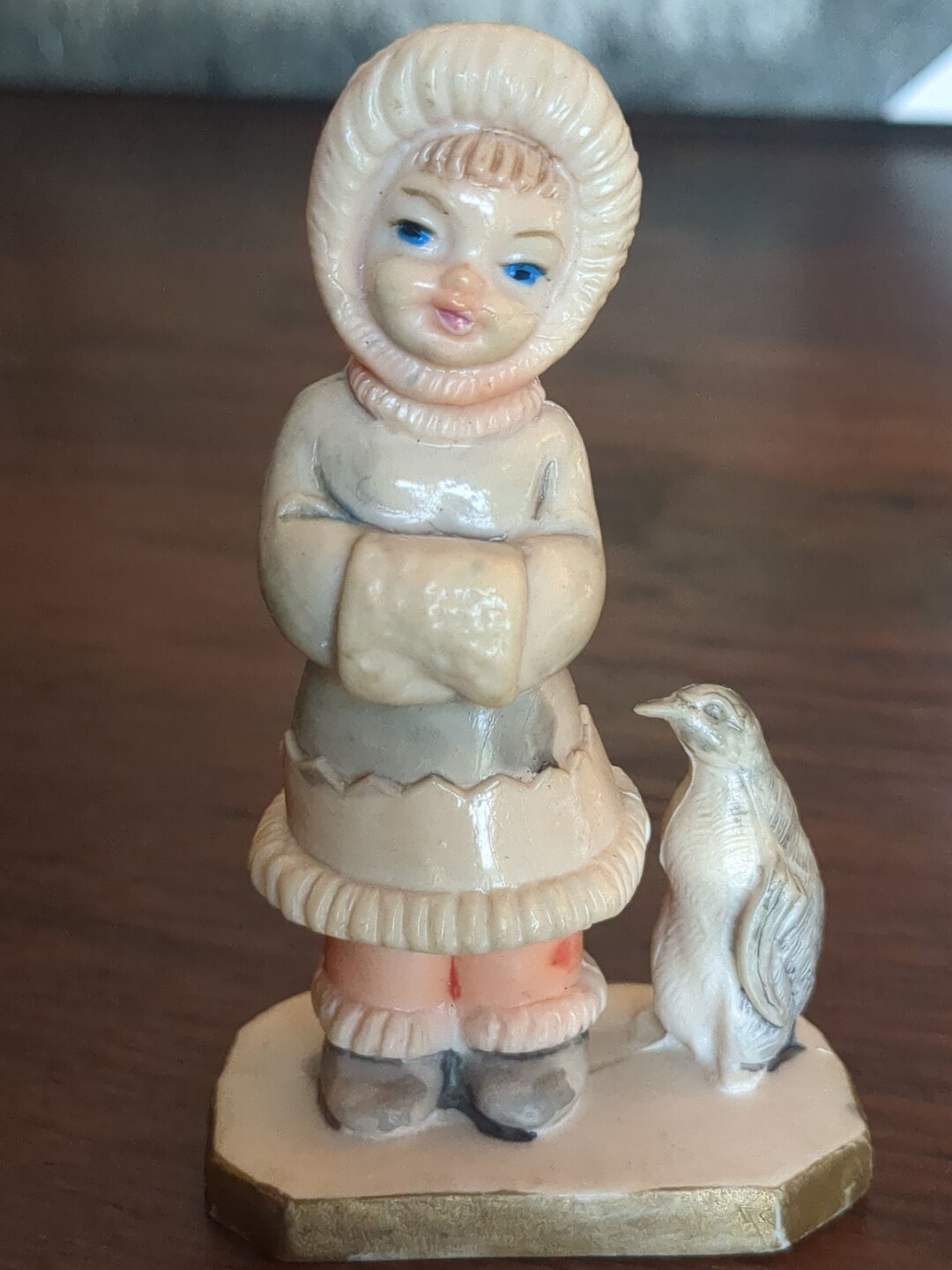 Vintage Blue Eyed Plastic Eskimo Girl With Muff and Penguin Figurine ...