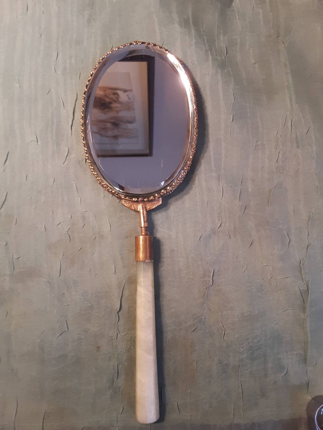 Antique Chinese Vanity, Large Hand Held Beveled Mirror, With Precious ...