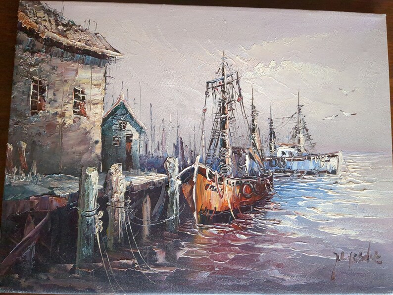 Vintage Oil Painting on Canvas Harbor Scene/fishing Shacks,boats ...
