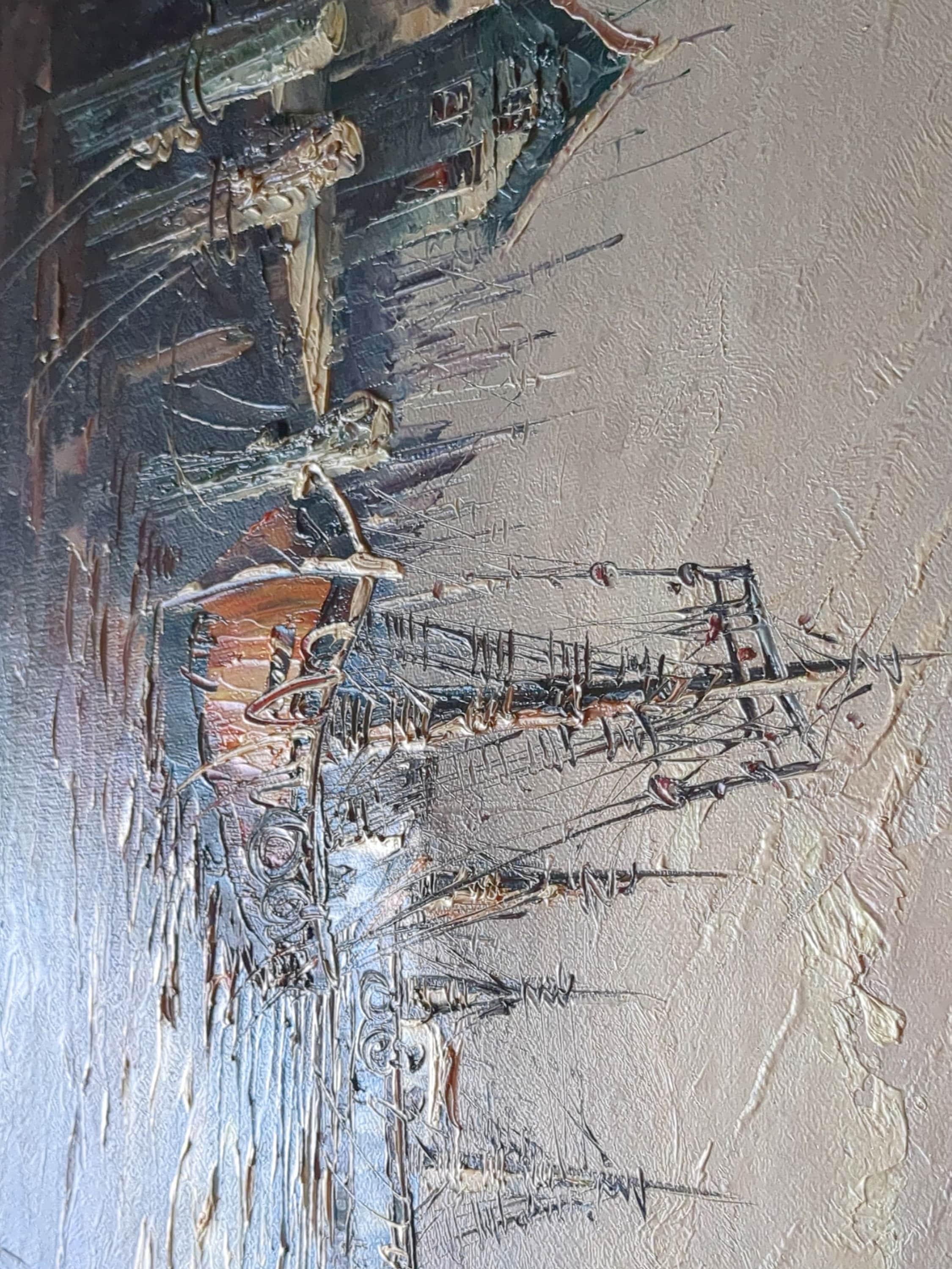 Vintage Oil Painting on Canvas Harbor Scene/fishing Shacks,boats ...