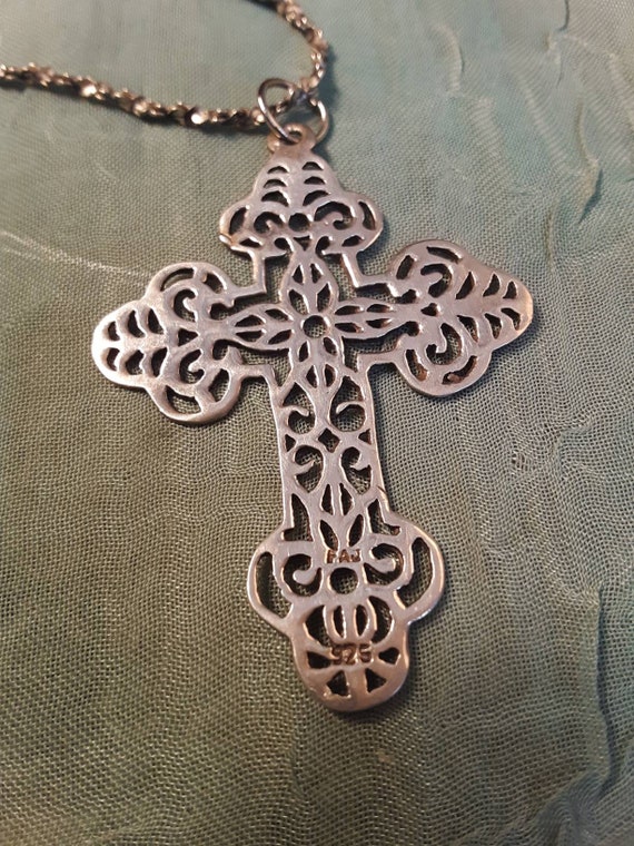 1940's Sterling silver scroll design Cross pendant wi… - Gem