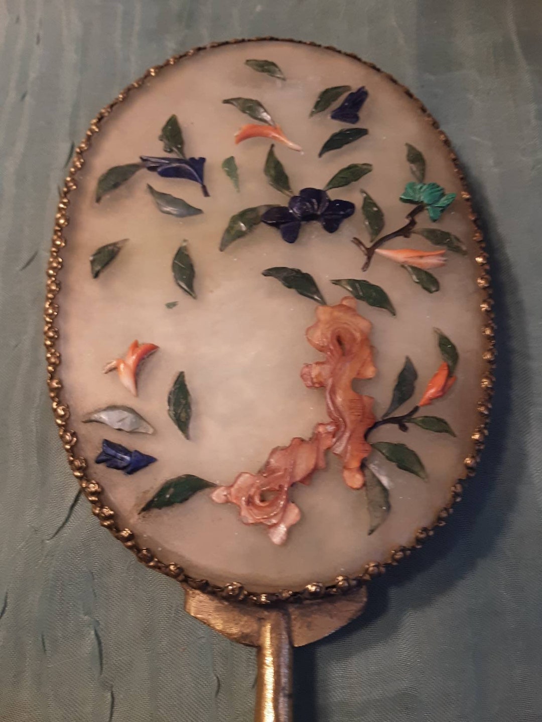 Antique Chinese Vanity, Large Hand Held Beveled Mirror, With Precious ...