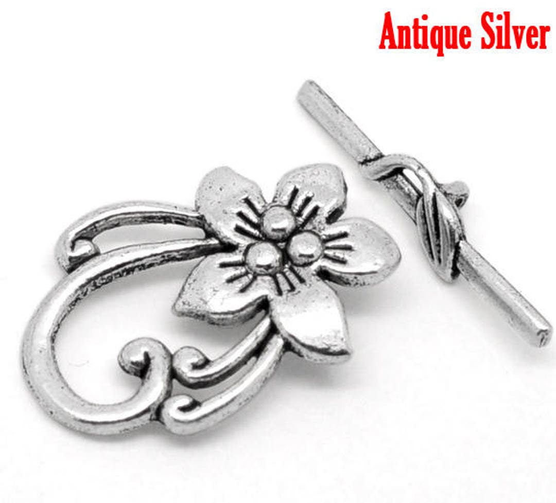 Toggle Clasp, Flower Design, Antique Silver Finish, CLP-T-AS-4, 4 Sets ...