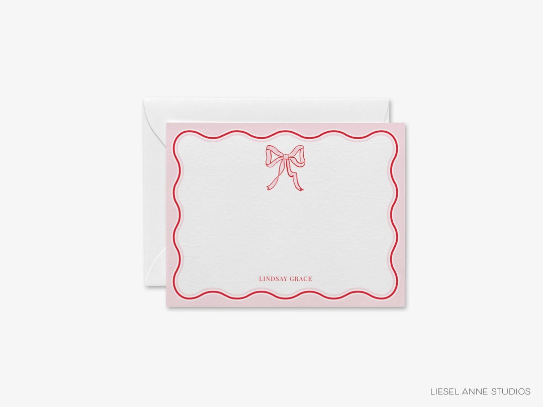 Red & Pink Bow Personalized Stationery | Custom Wave Note Cards ...