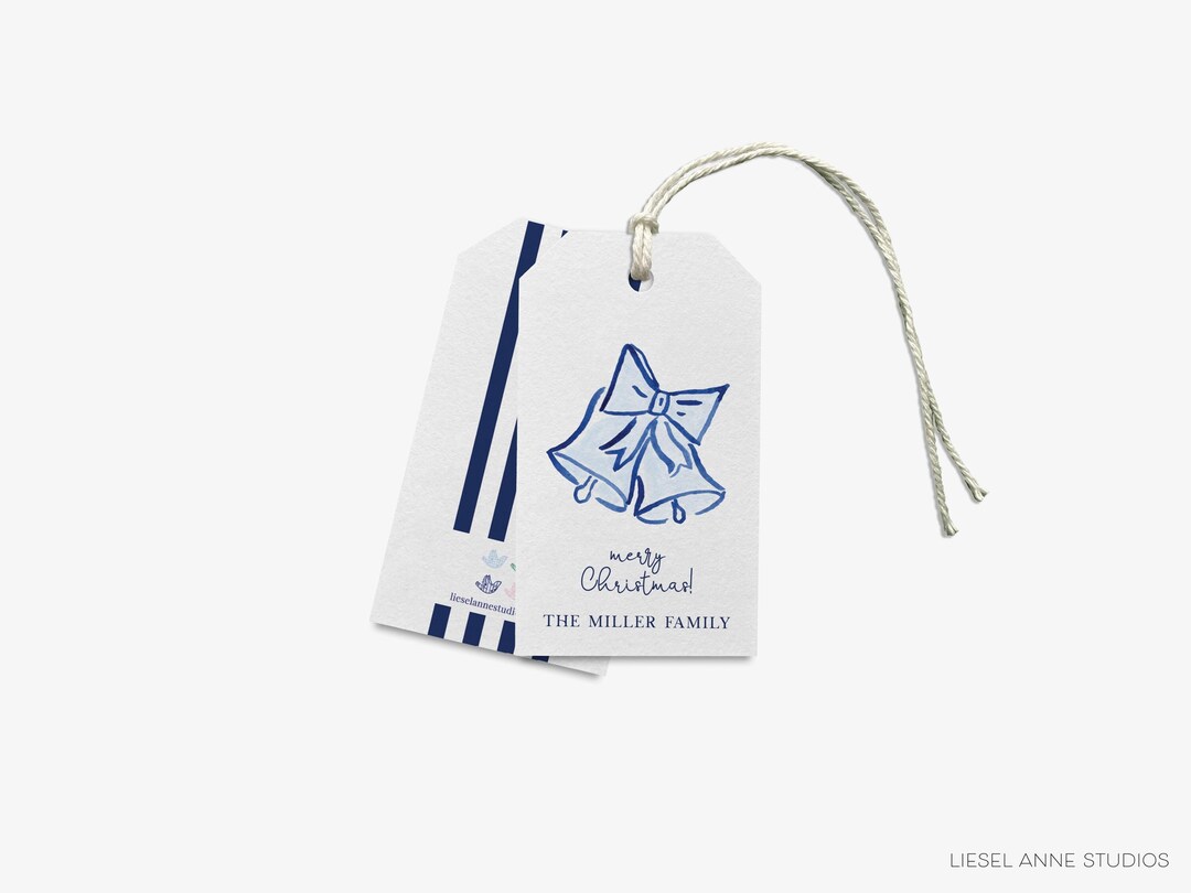 Personalized Blue Christmas Bells Gift Tag | Blue and White Christmas ...