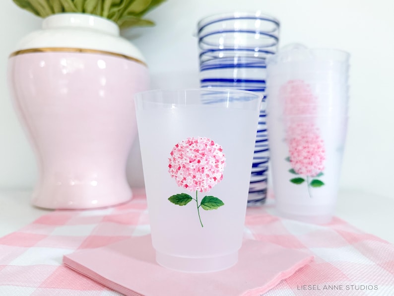 Pink Hydrangea Frosted Shatterproof Cups | Reusable Bridal Shower Baby ...