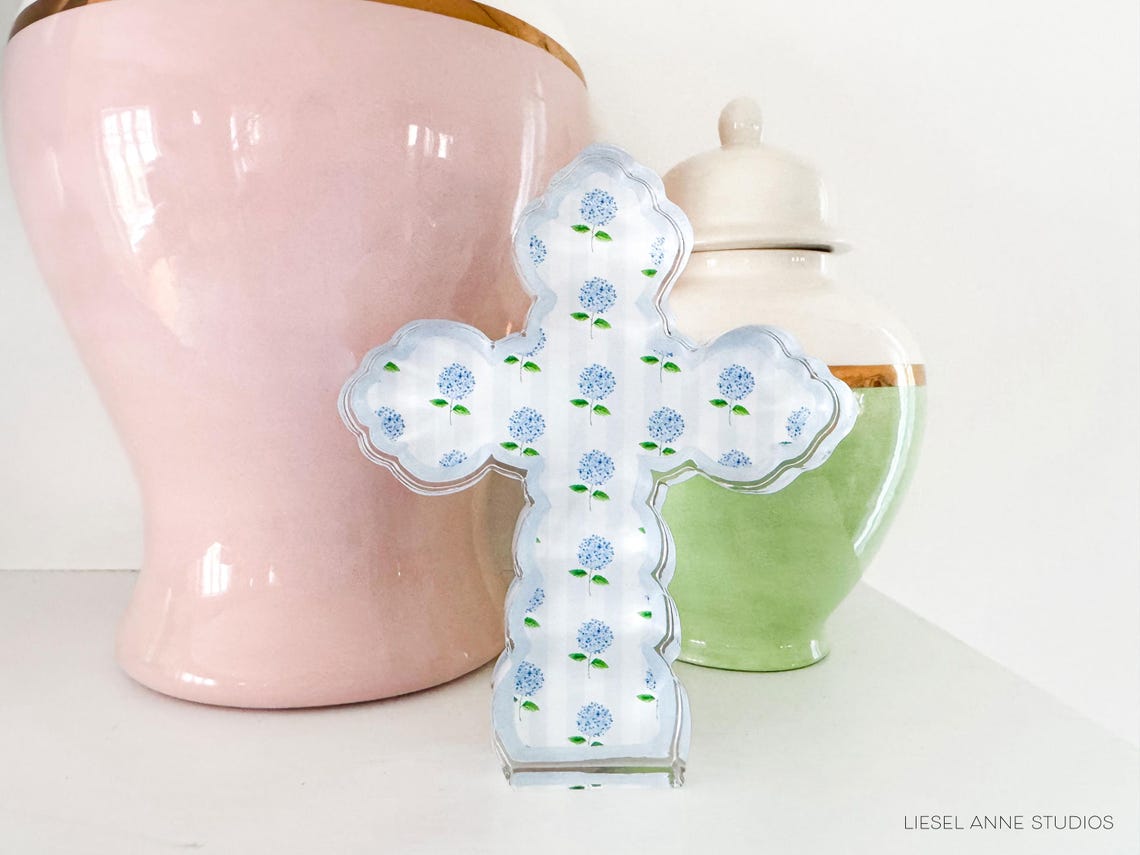 Hydrangea Cross Acrylic Shelfie | Blue and White Hydrangea Cross ...