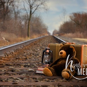 Baby Child Outdoor Rialroad Train Tracks With Teddy Bear Backdrop Scene ...