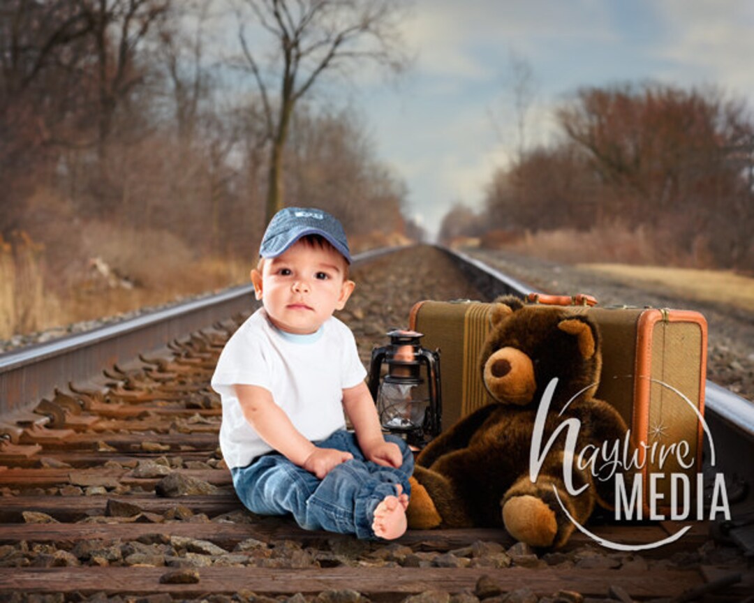 Baby Child Outdoor Rialroad Train Tracks With Teddy Bear Backdrop Scene ...