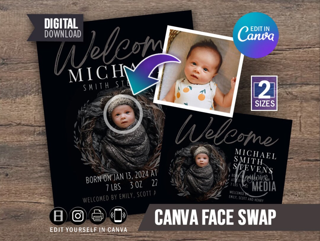 Birth Announcement Template Face Swap, Face Insert, Add Your Face in ...