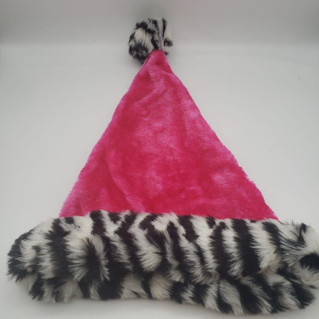 Hot Pink Tiger Print Faux Fur Trim Santa Hat Christmas Cap Hat Fitted ...