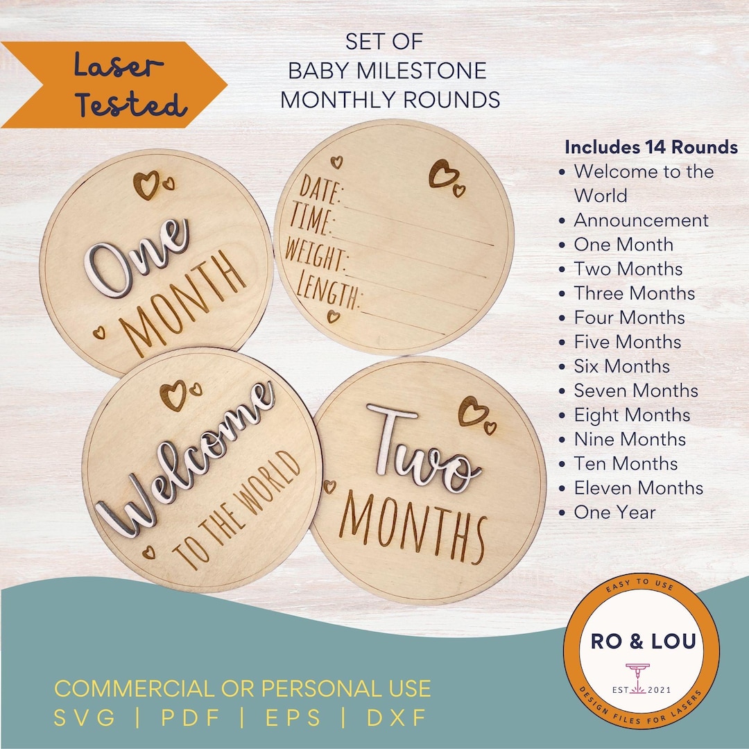 Baby Milestones Rounds With Hearts SVG Laser File Set, Monthly Laser ...