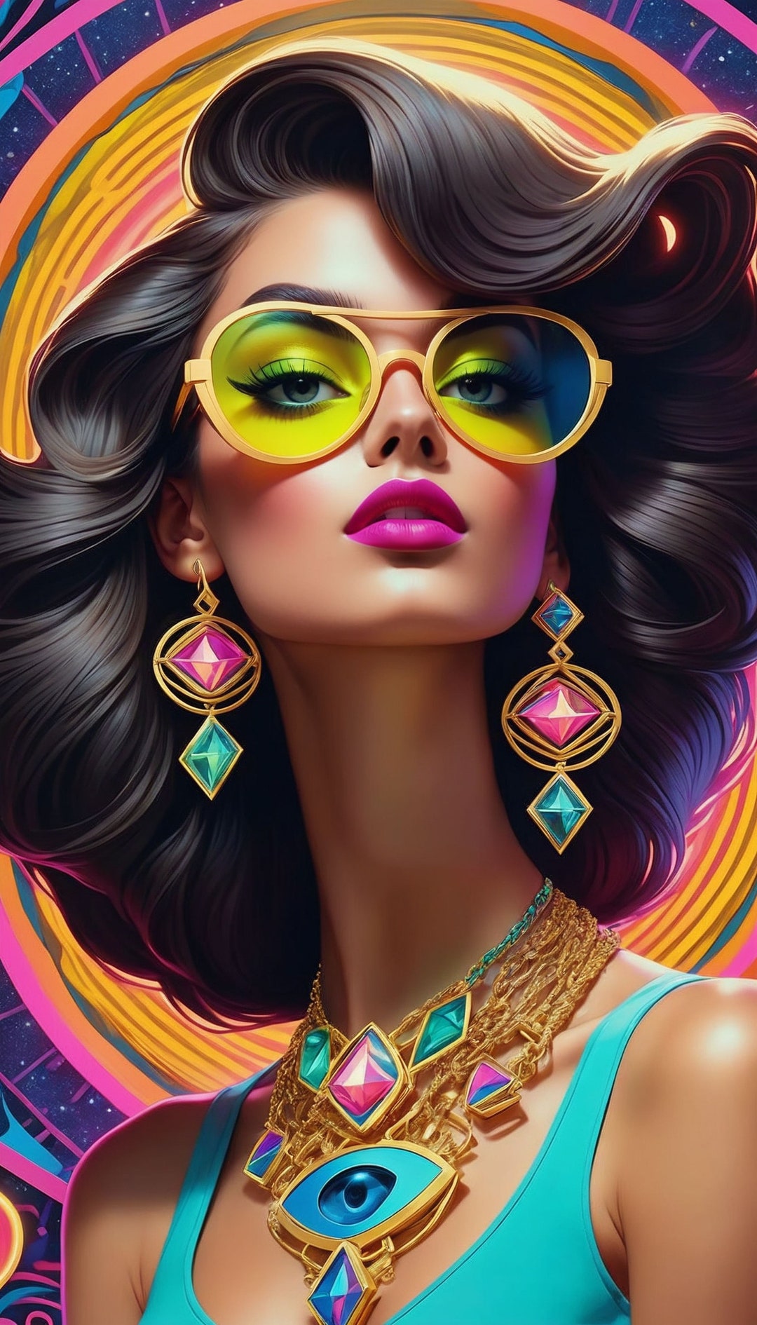 Retro Cosmic Elegance Digital Art Print, Celestial Neon Portrait ...