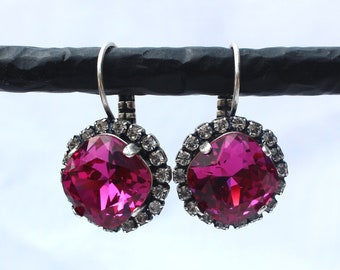 Bright Fuchsia Crystal Dangle Earrings Classic Sparkling - Etsy