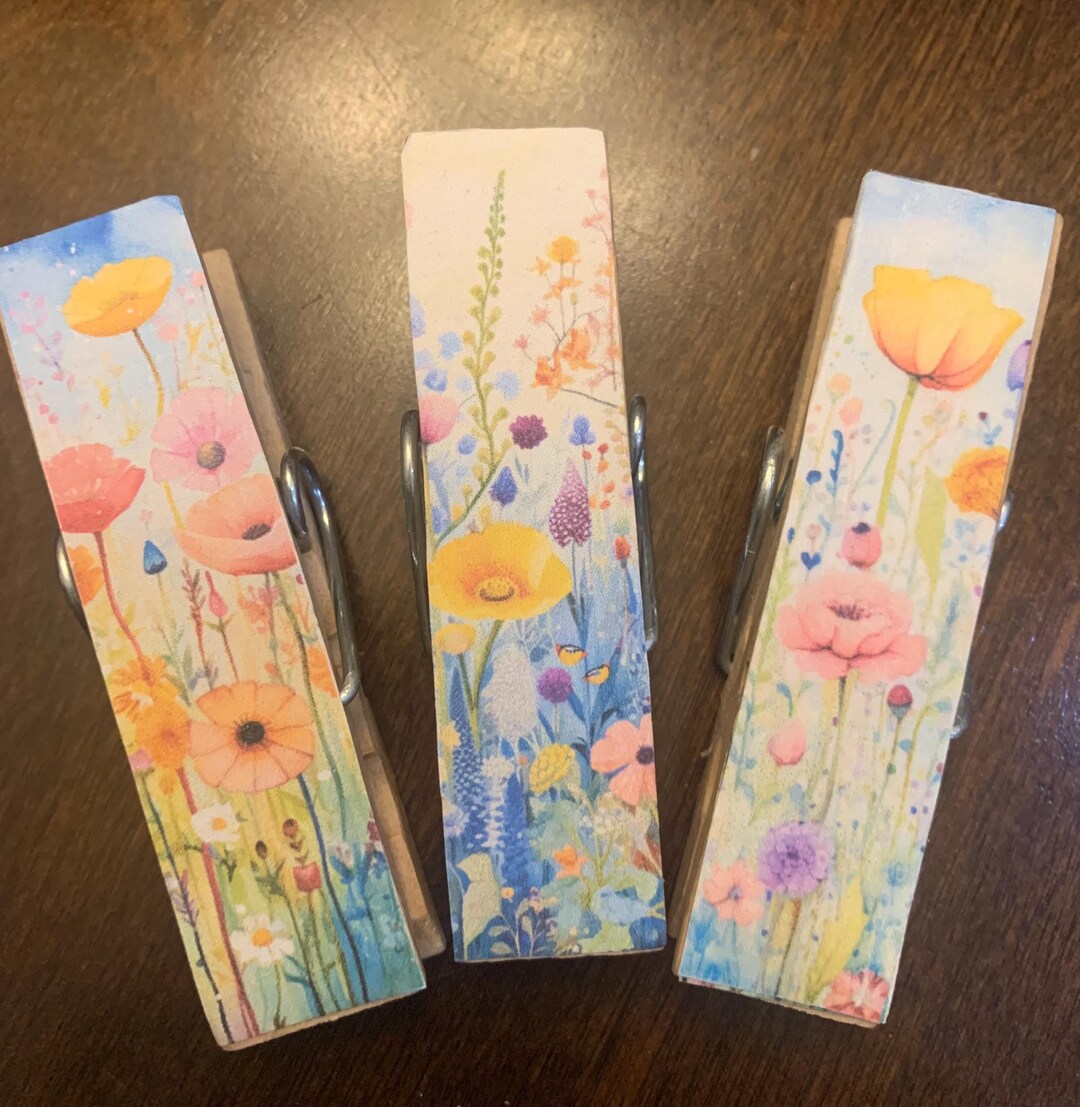 Spring Flowers - Set of 3 Chip Snack Clips Handmade Decorated Wooden ...