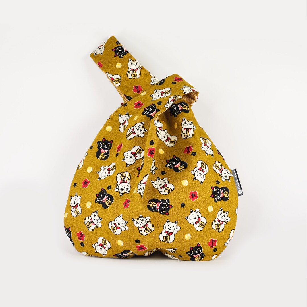 Japanese Knot Bag Medium Project Bag in Mustard Cat Fabric, Wrist Knot ...
