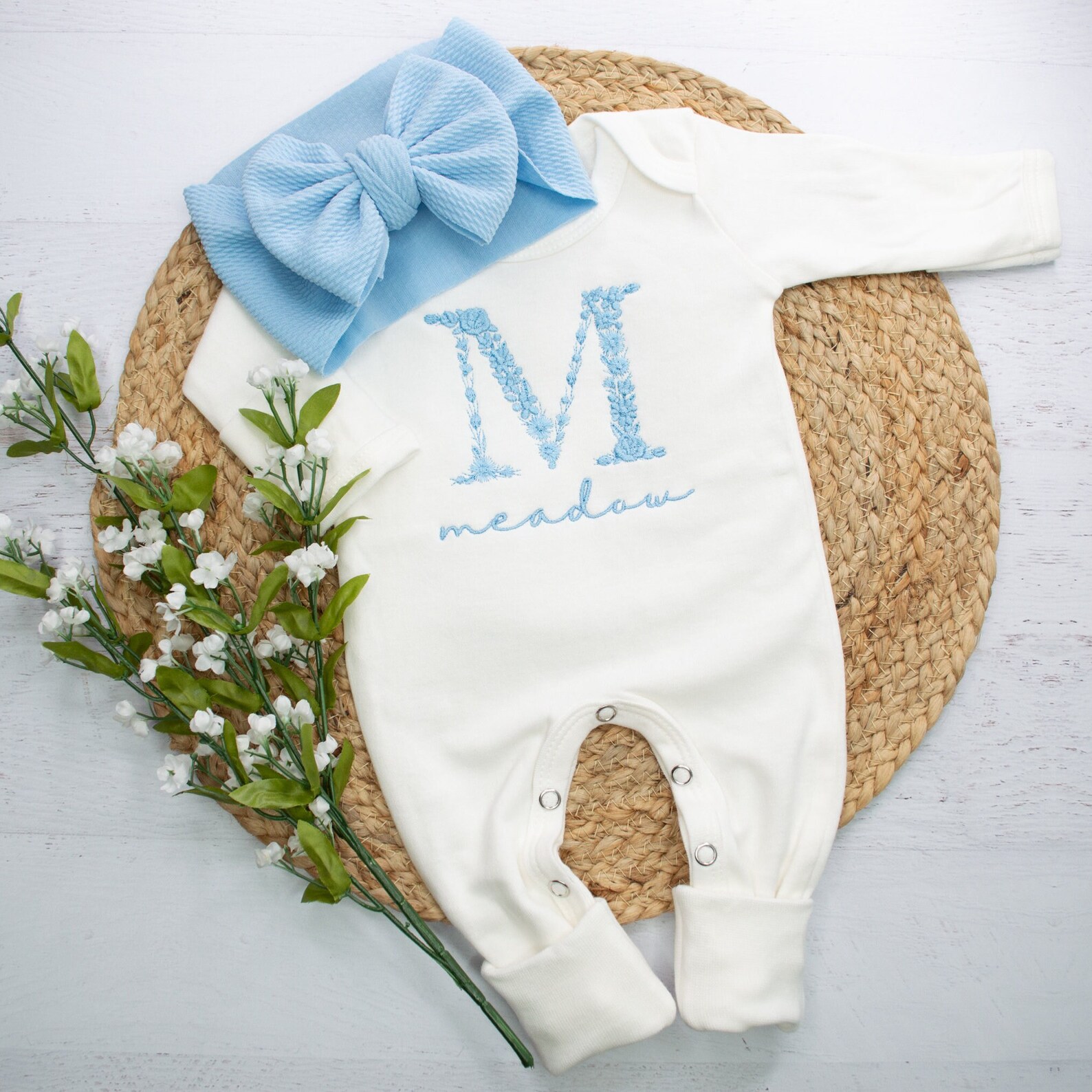 Personalized Baby Girl Romper With Floral Letter: Embroidered Newborn ...
